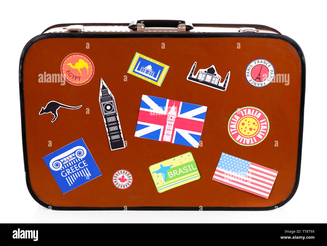 Suitcase with stickers isolated on white Stock Photo - Alamy