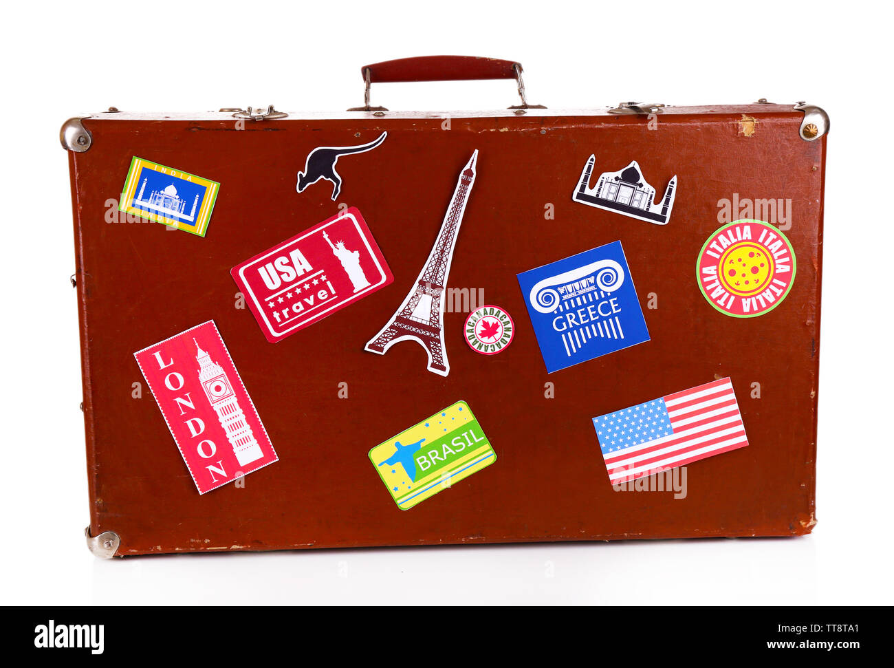 Suitcase with stickers isolated on white Stock Photo - Alamy