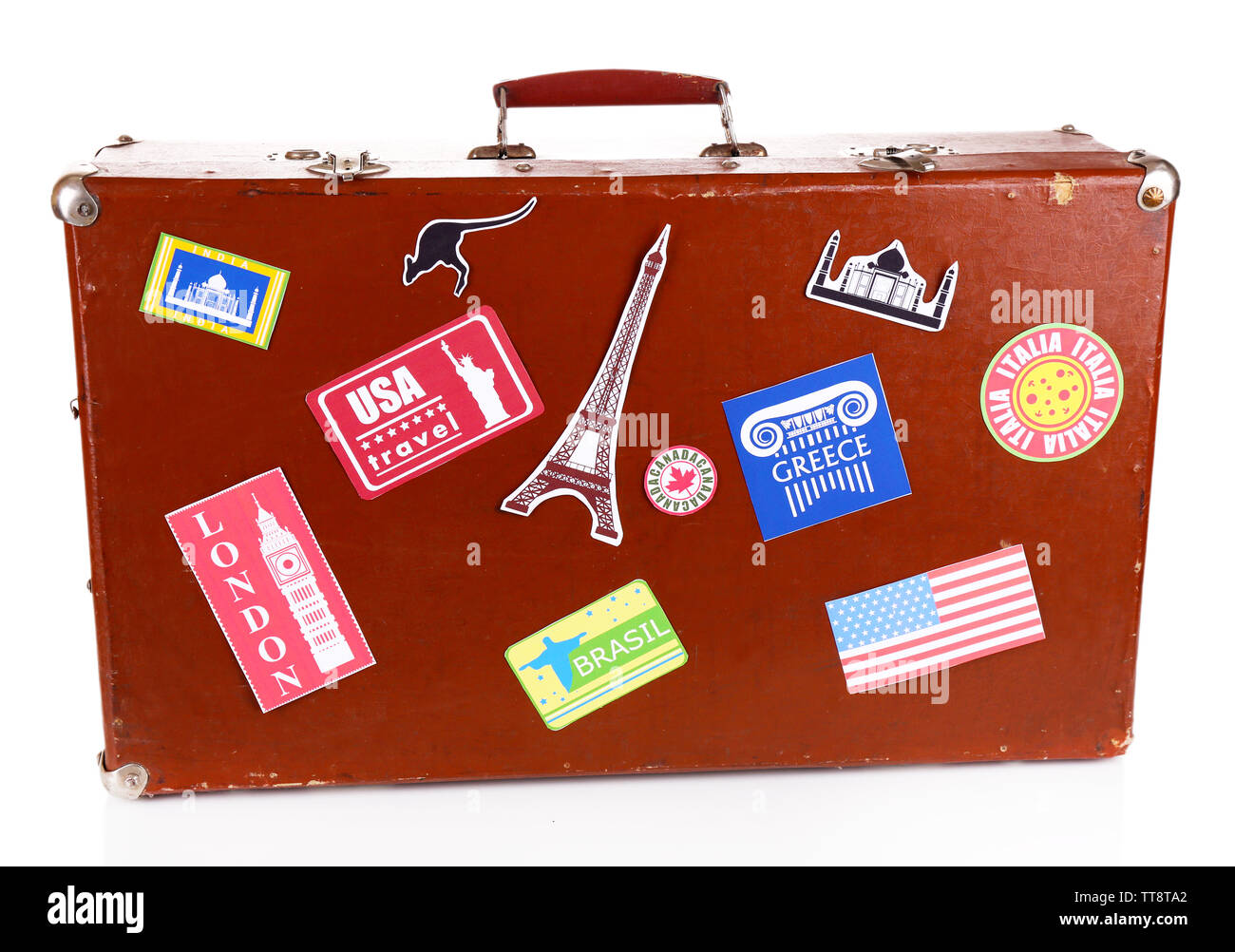 Suitcase with stickers isolated on white Stock Photo - Alamy