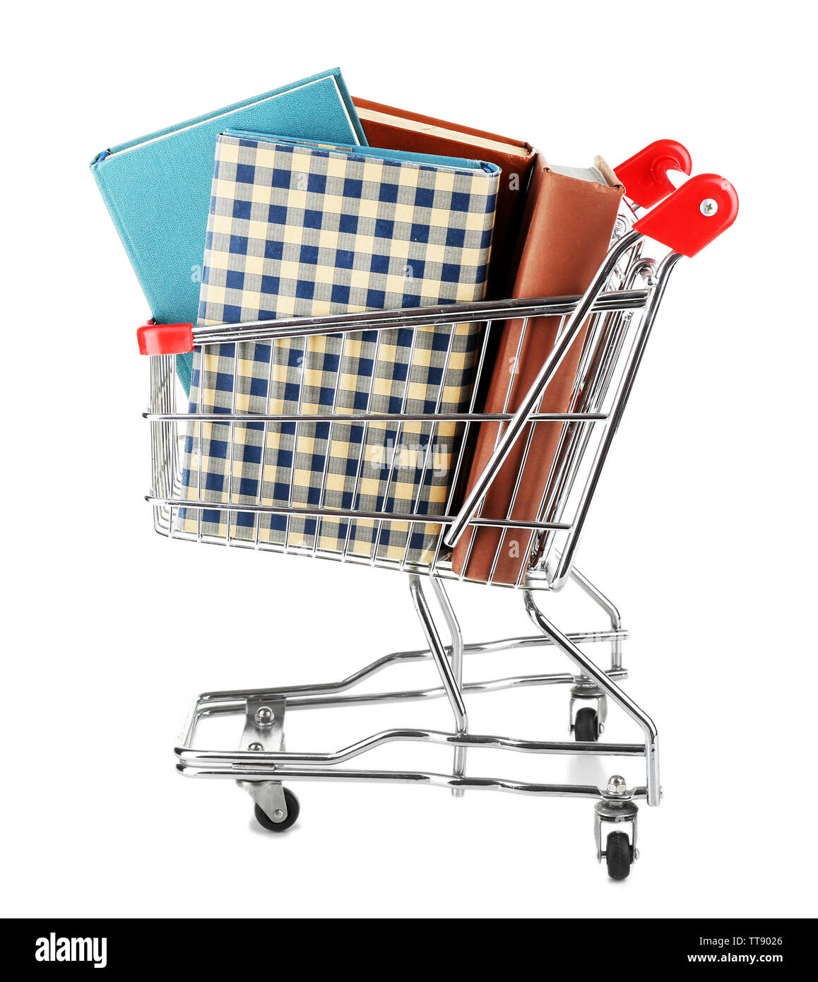 Shopping cart with books isolated on white Stock Photo - Alamy