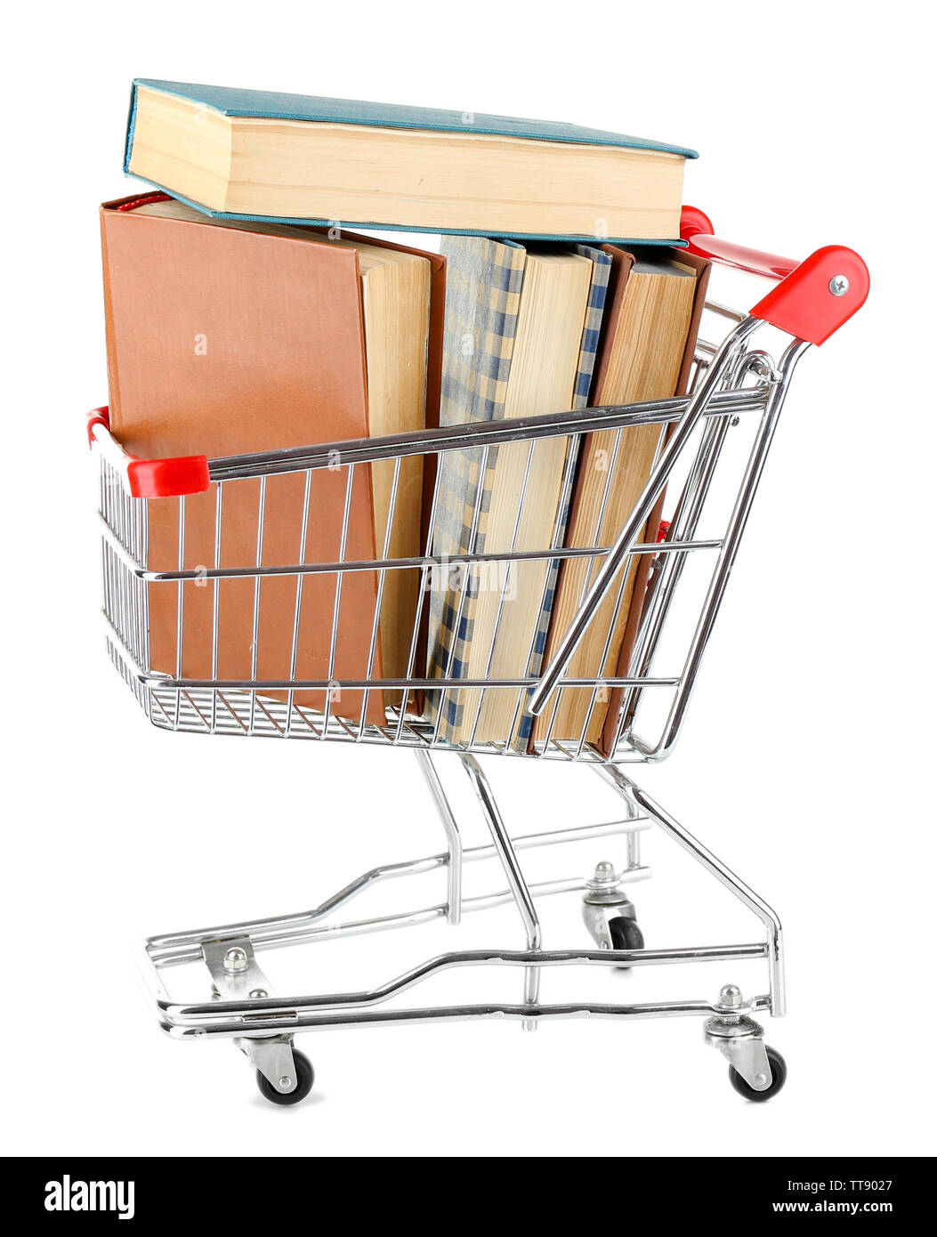 Shopping cart with books isolated on white Stock Photo - Alamy