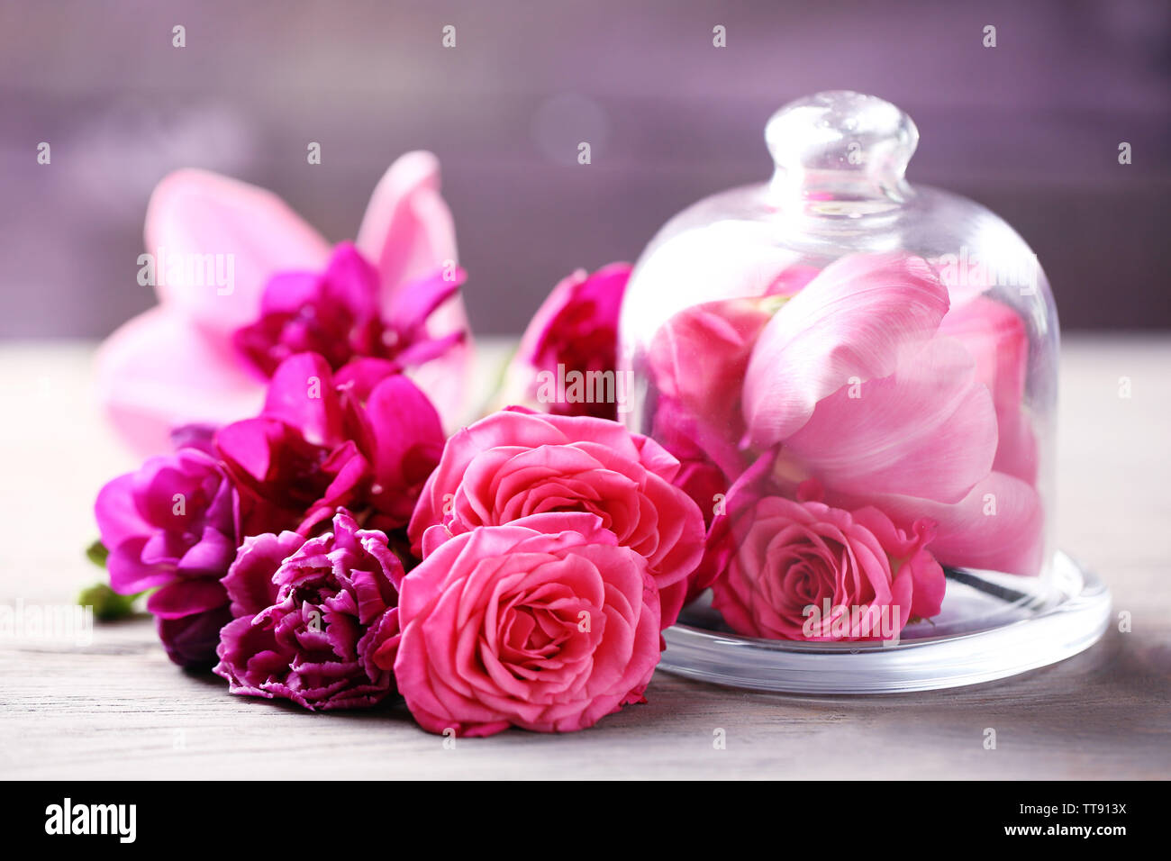 Beautiful composition with flowers on grey background Stock Photo - Alamy