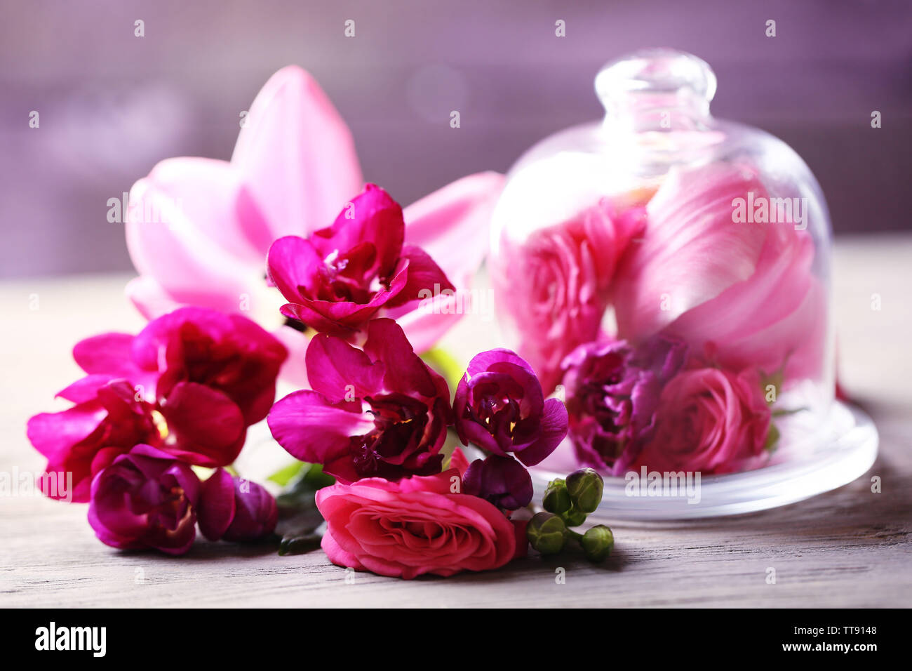 Beautiful composition with flowers on grey background Stock Photo - Alamy