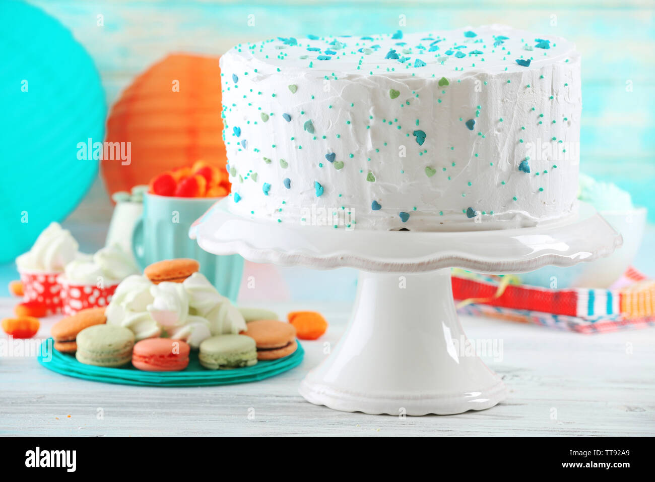 Birthday decorated cake on colorful background Stock Photo - Alamy
