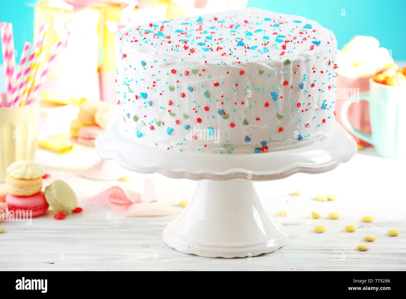 Birthday decorated cake on colorful background Stock Photo - Alamy