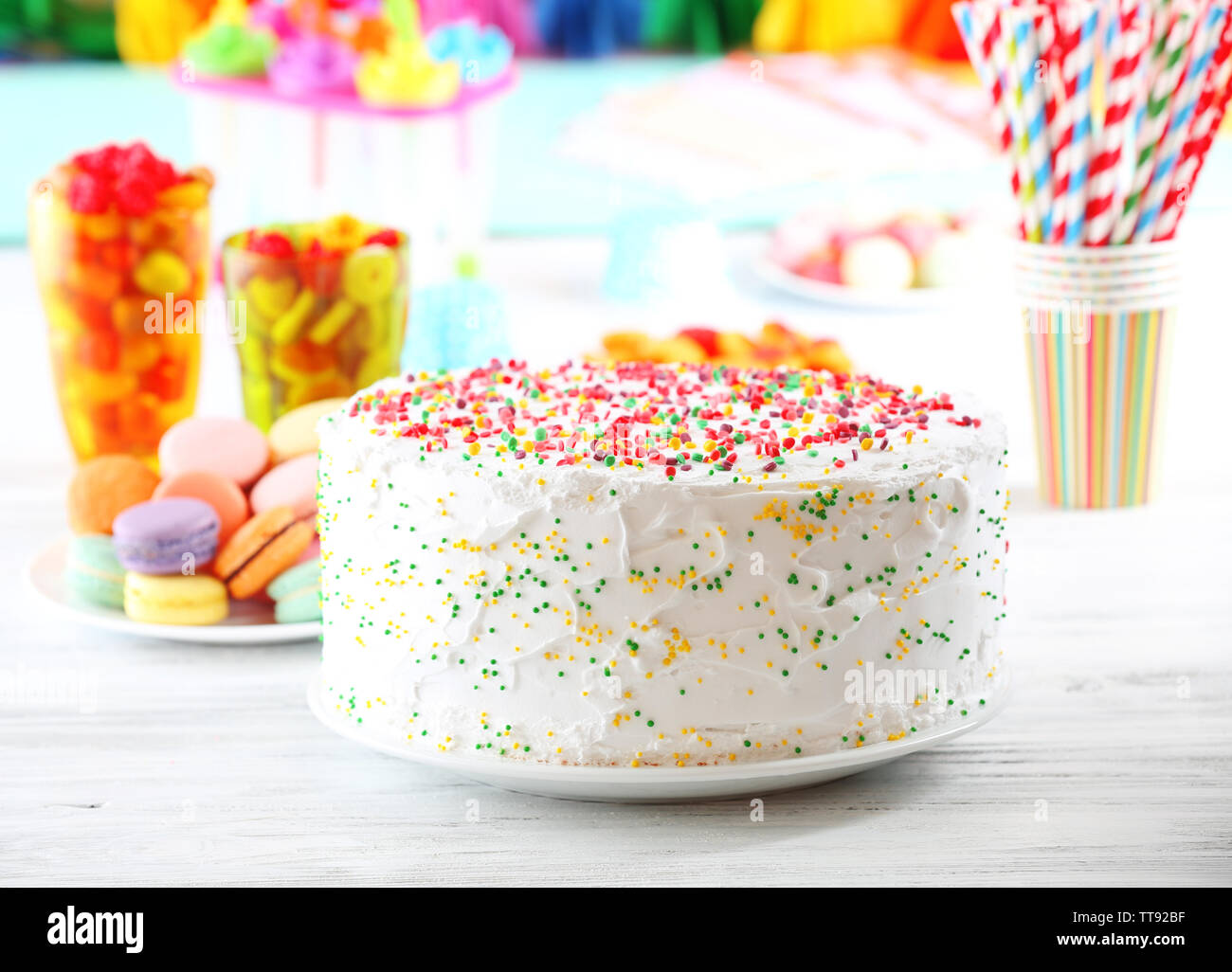 Birthday cake on colorful background Stock Photo - Alamy