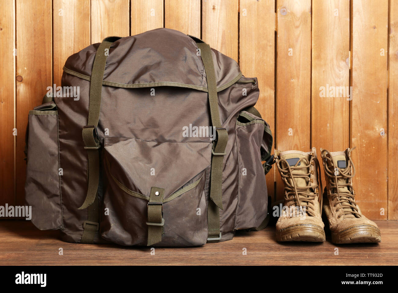 Hunting gear on wooden background Stock Photo - Alamy