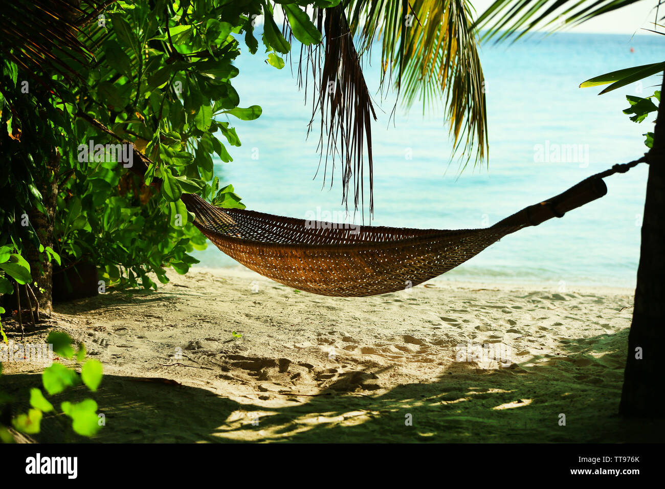 Straw hammock on tropical beach in resort Stock Photo - Alamy