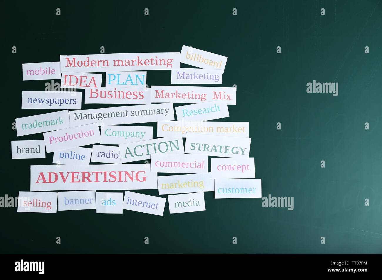 Themed words on blackboard background Stock Photo - Alamy