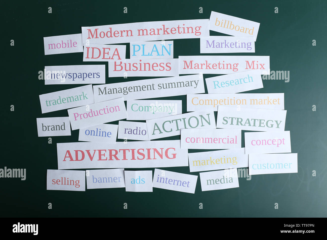 Themed words on blackboard background Stock Photo - Alamy