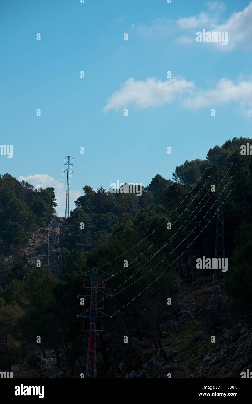 power lines cutting through forest in grazalema, andalusia, spain Stock ...