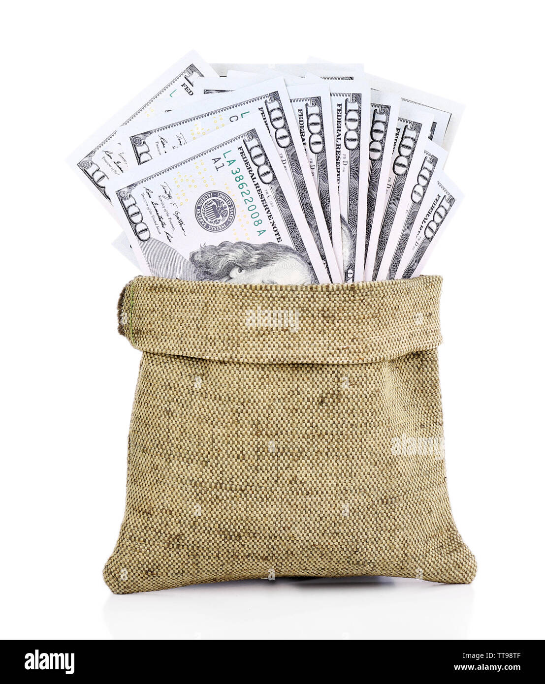 Money in bag isolated on white Stock Photo - Alamy