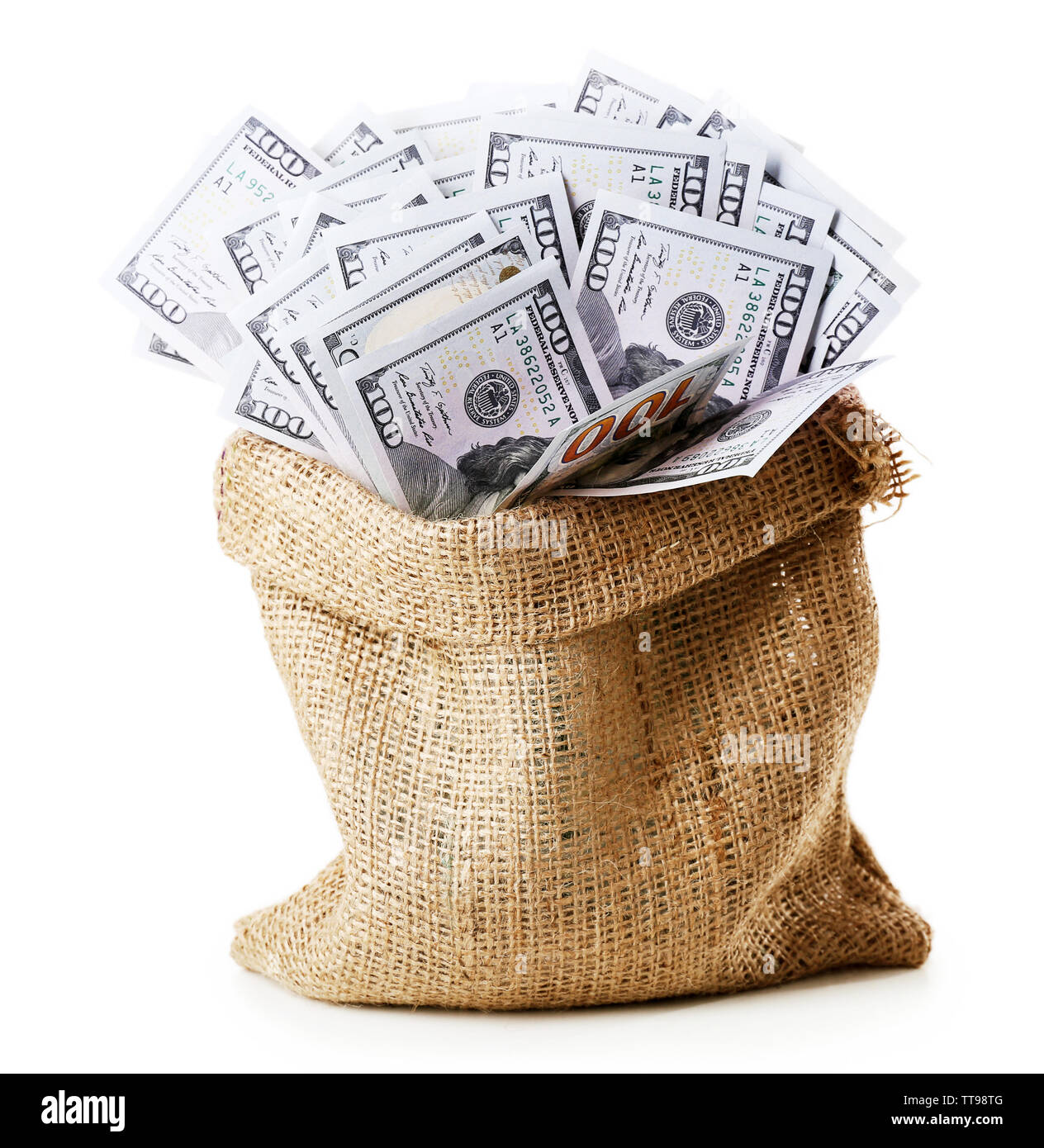 Money in bag isolated on white Stock Photo - Alamy