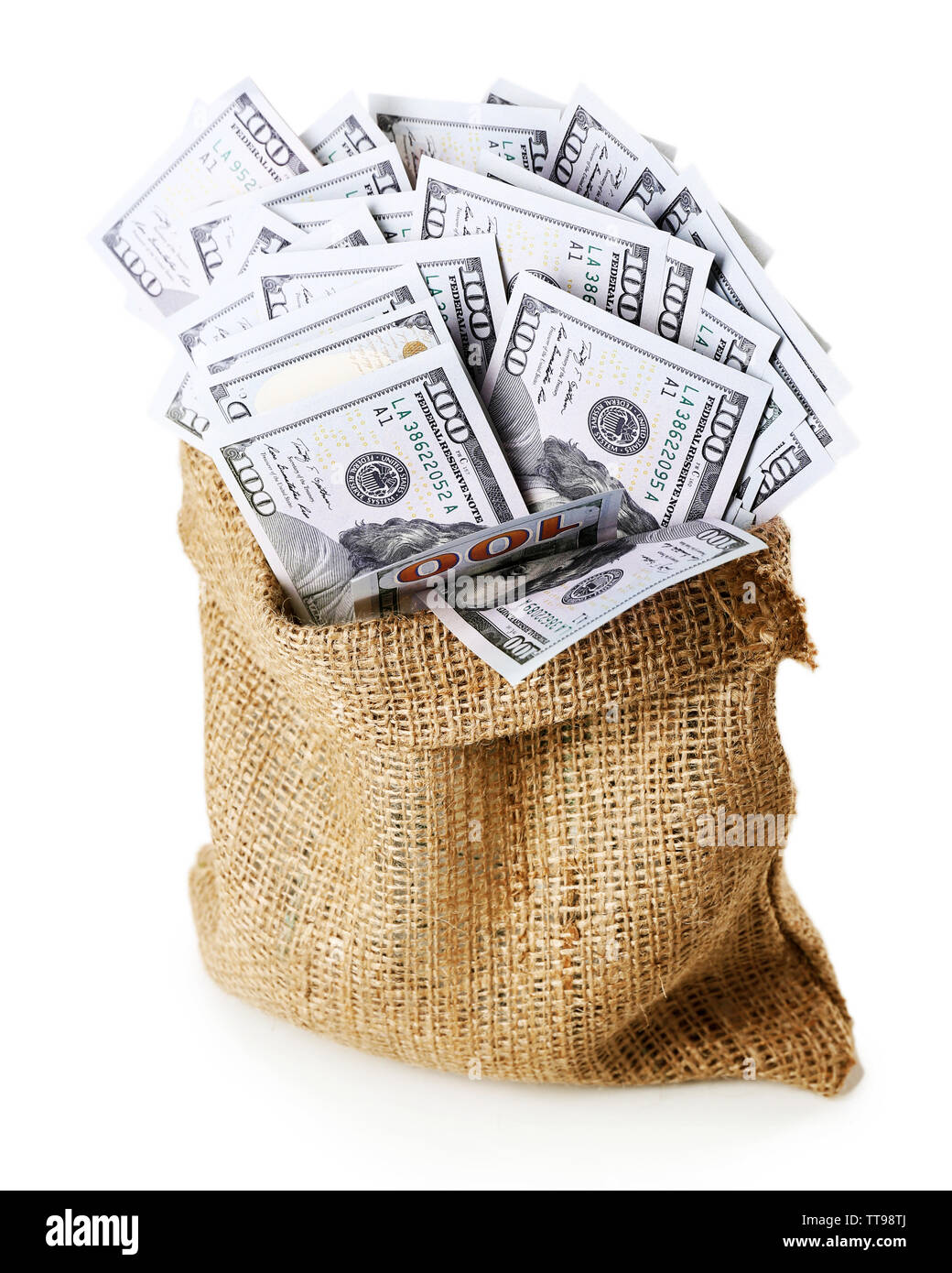 Money in bag isolated on white Stock Photo - Alamy