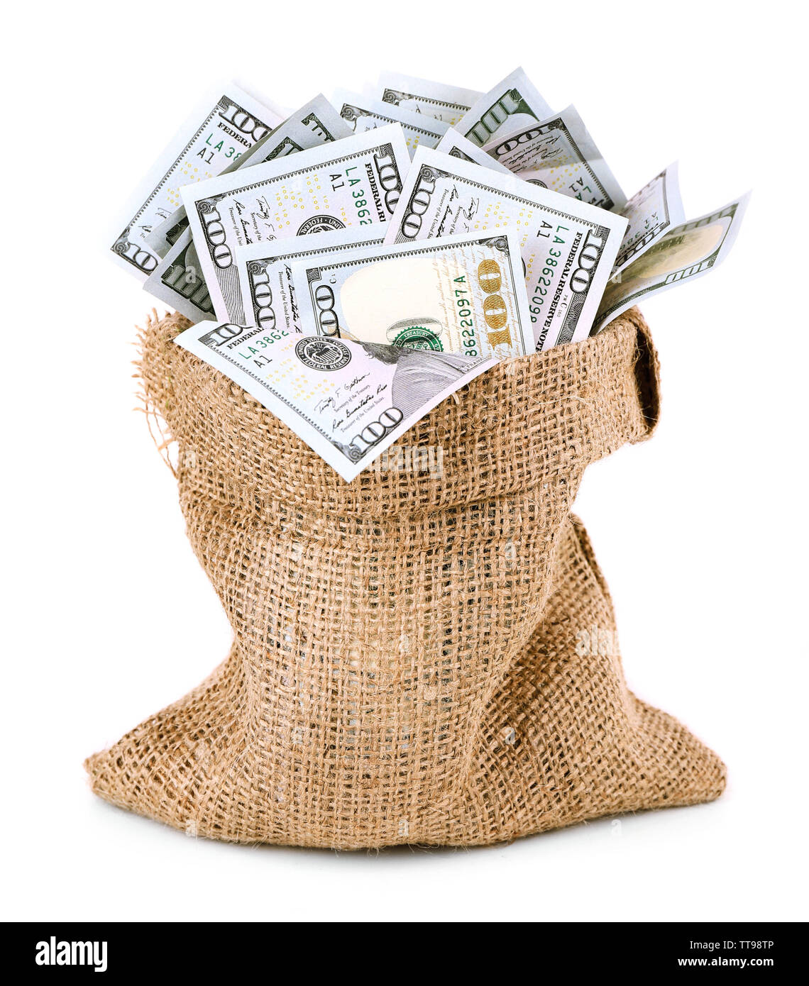 Money in bag isolated on white Stock Photo - Alamy