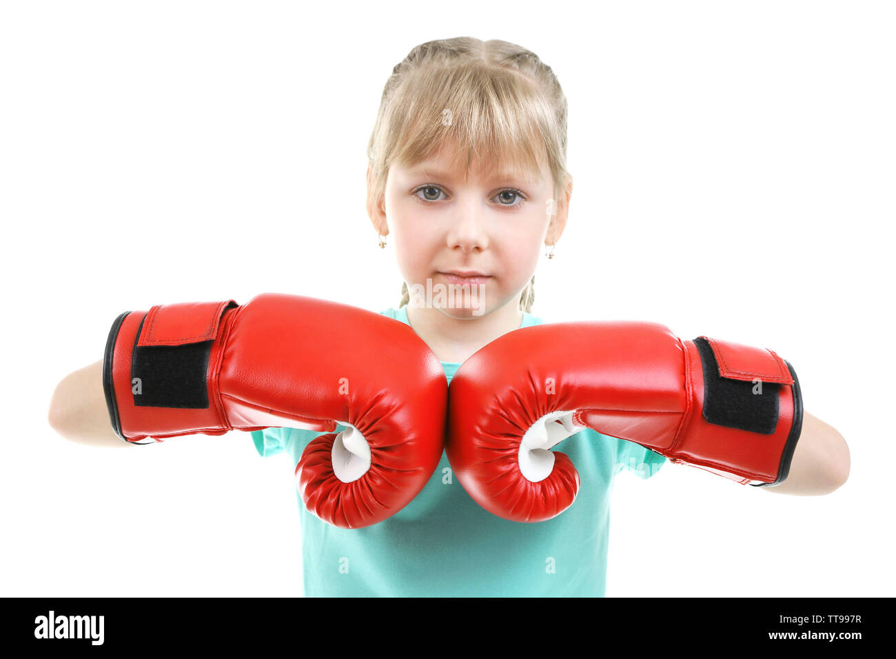 Little girl with boxing gloves isolated on white Stock Photo - Alamy