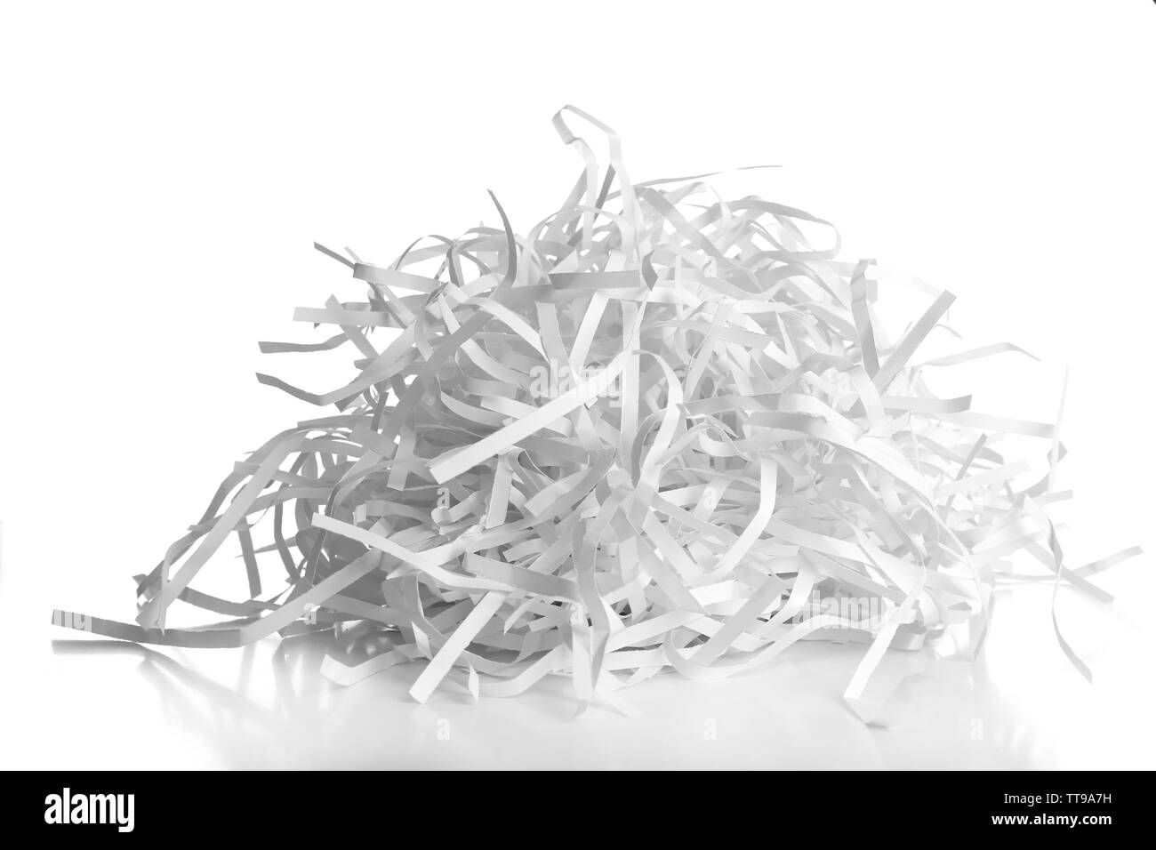 Strips of destroyed paper from shredder isolated on white Stock Photo ...