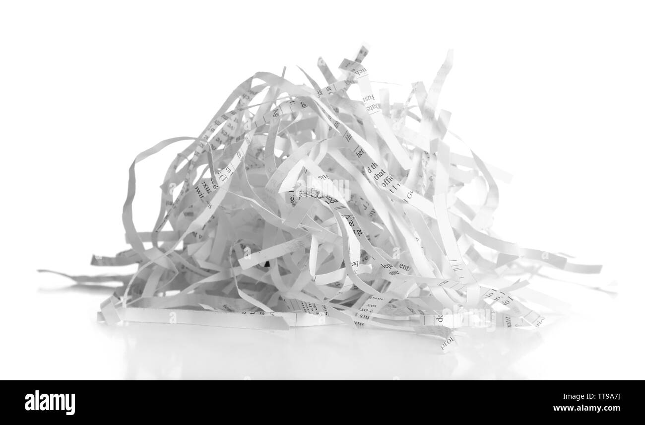 Strips of destroyed paper from shredder isolated on white Stock Photo ...