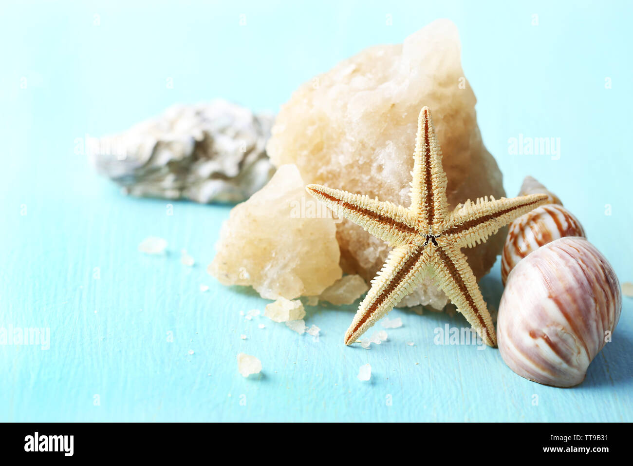 Crust of sea salt from Dead Sea coast, on color wooden background Stock ...
