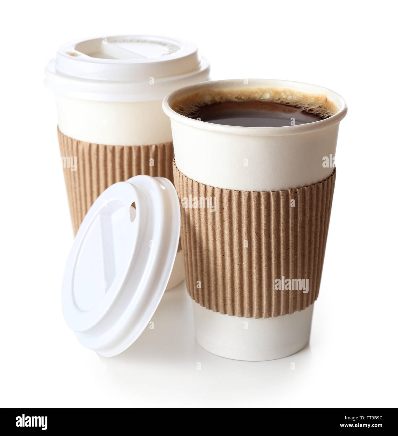 Paper cups of coffee isolated on white Stock Photo - Alamy