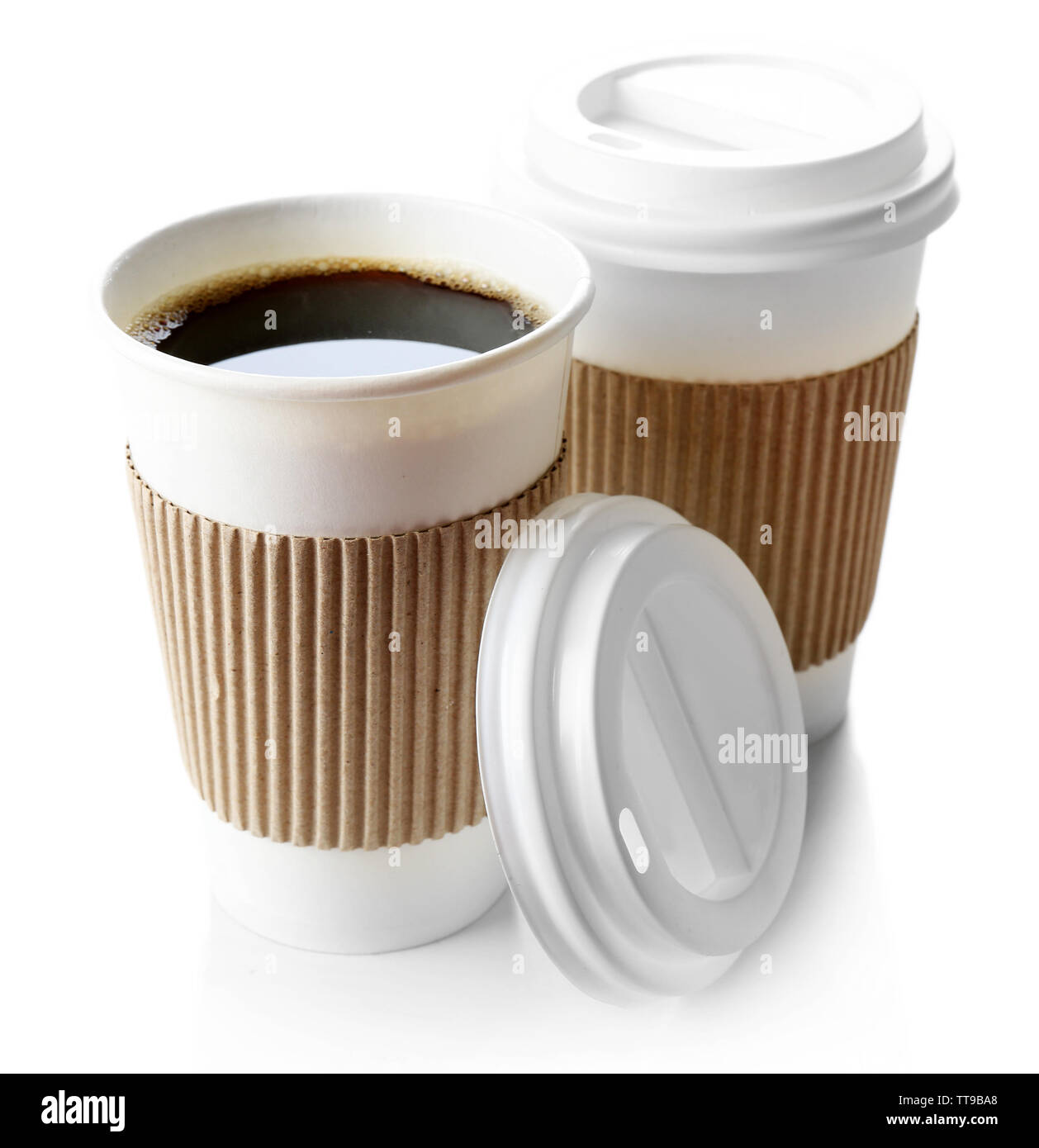 Paper cups of coffee isolated on white Stock Photo - Alamy