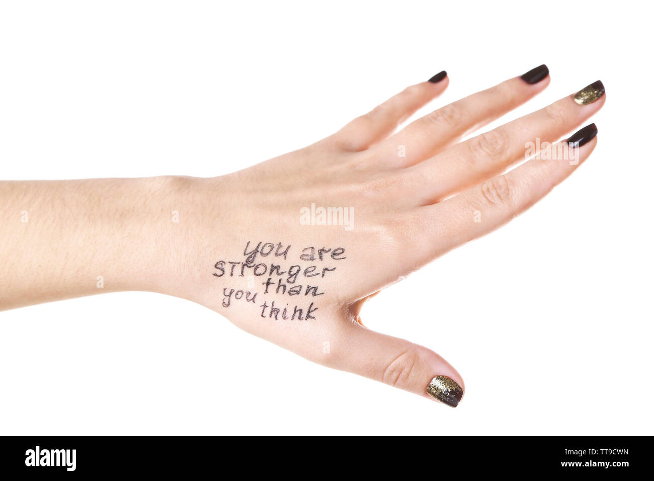 Female hand with written message isolated on white Stock Photo - Alamy