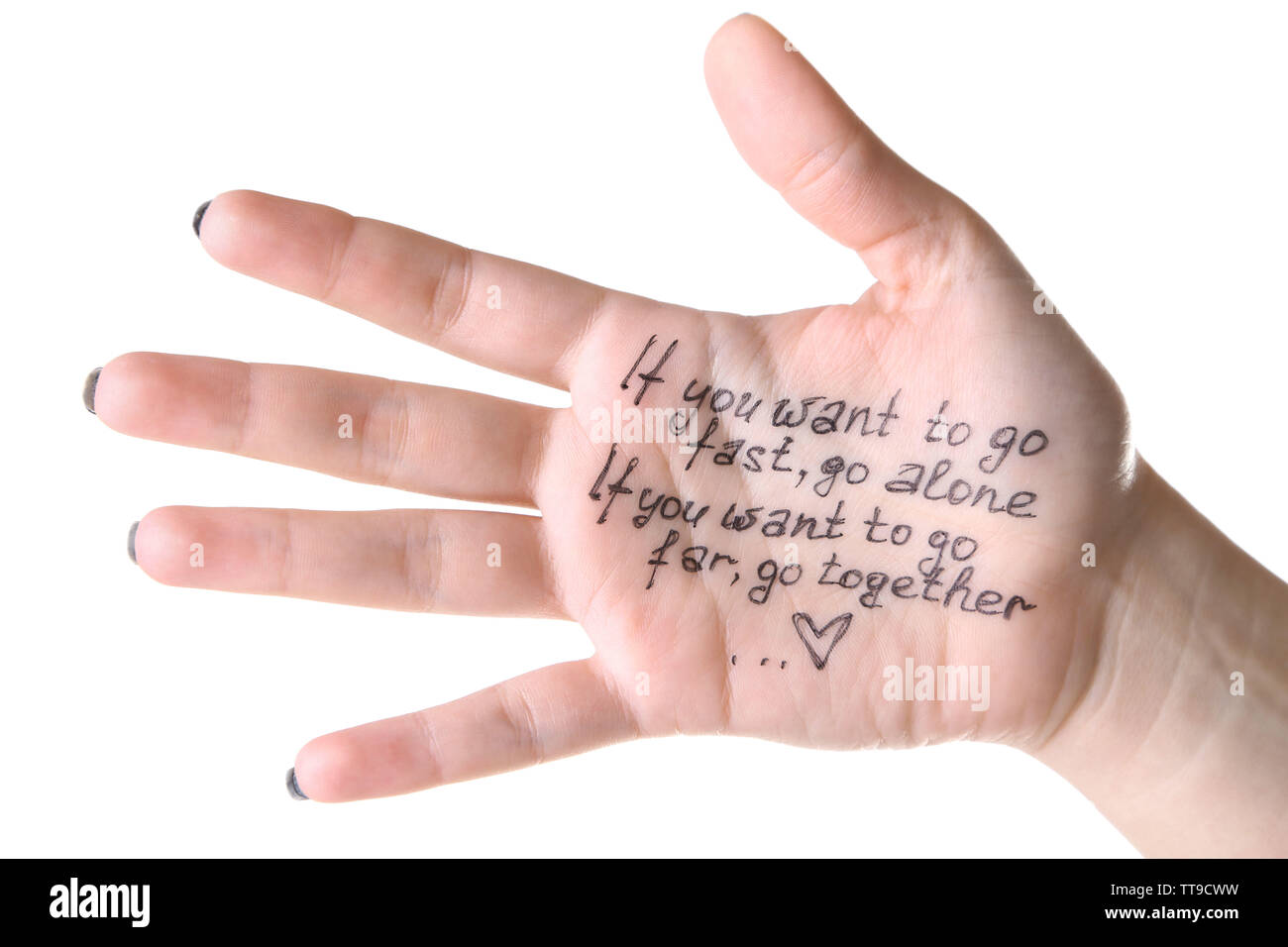 Female hand with written message isolated on white Stock Photo - Alamy
