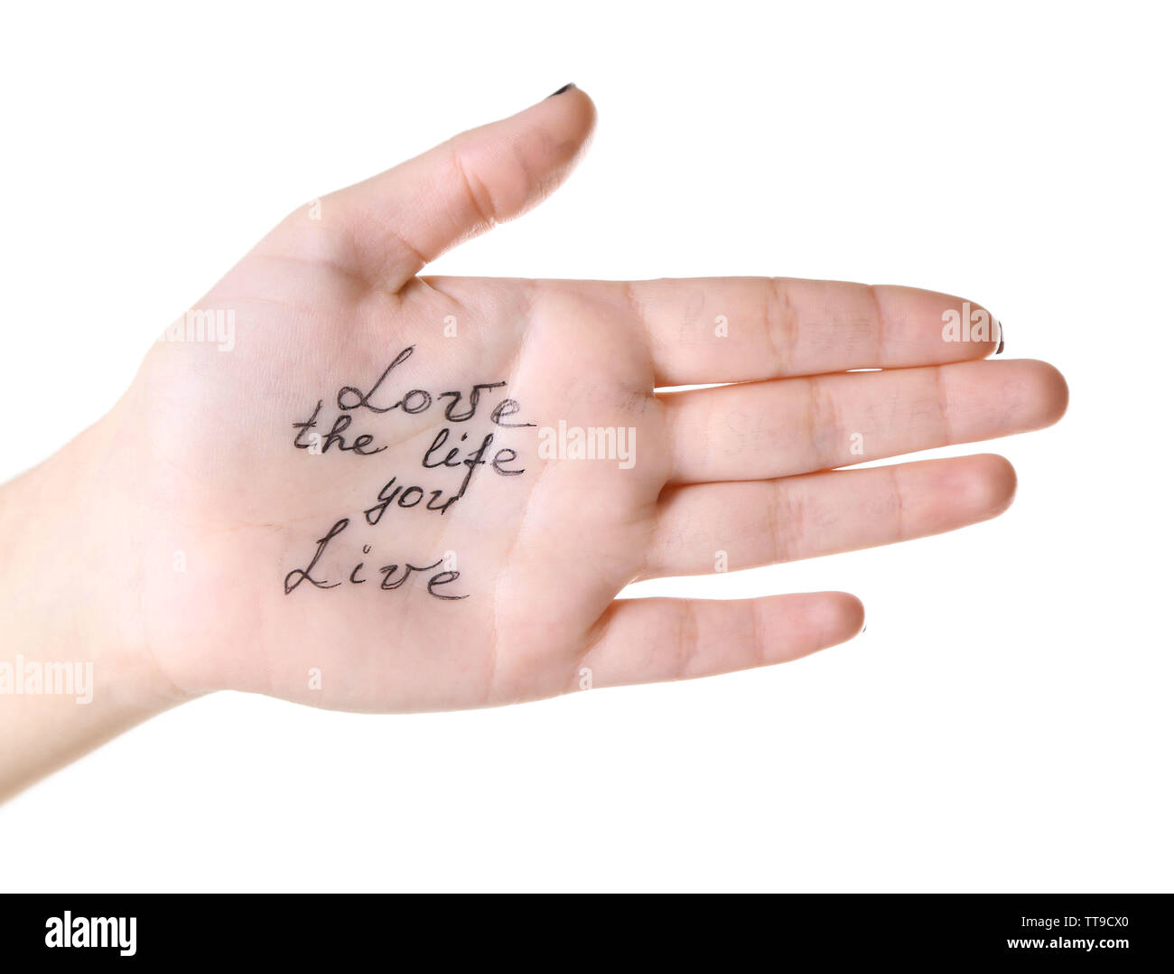 Female hand with written message isolated on white Stock Photo - Alamy