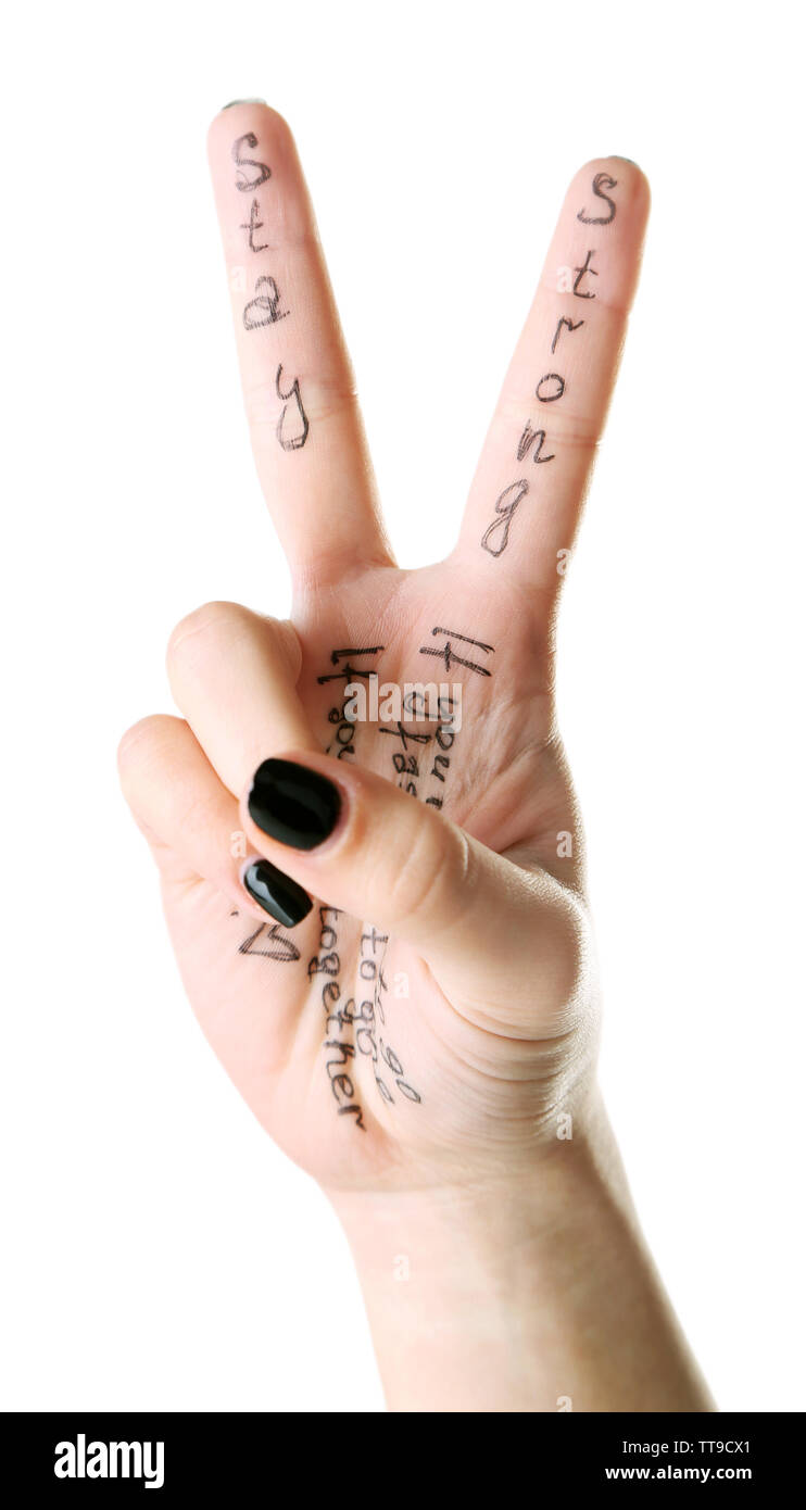Female hand with written message isolated on white Stock Photo - Alamy