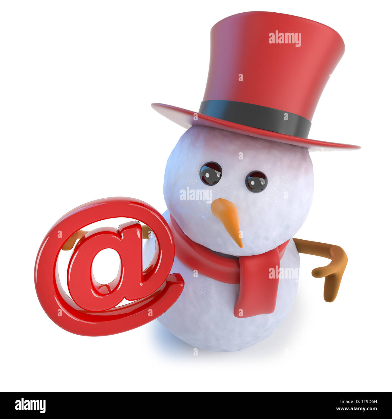 3d render of a funny cartoon snowman in top hat holding an email ...