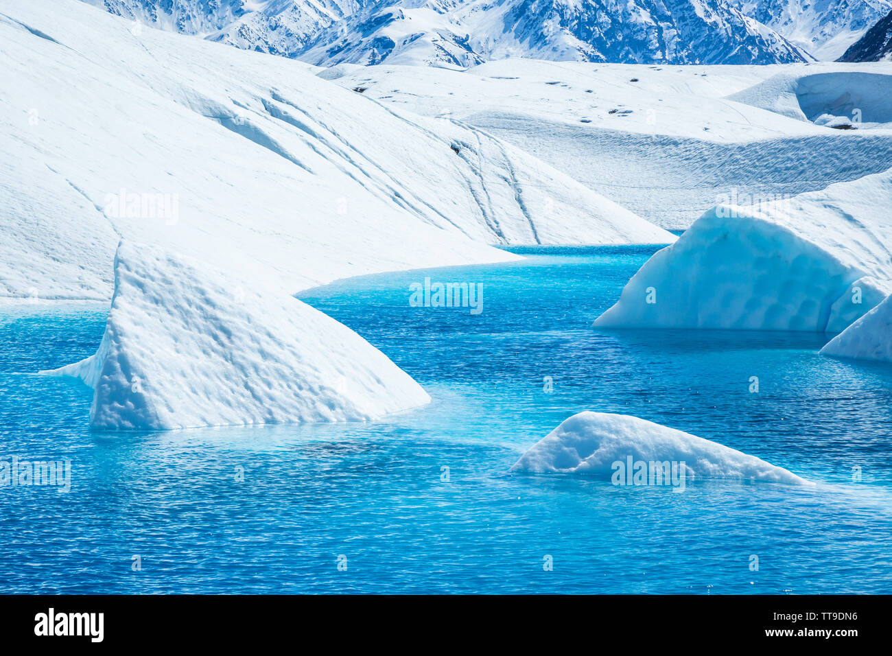 Ice cut from the melting glacier sticking out of crystal blue water on ...