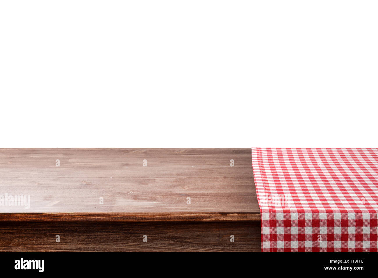 Empty wooden table with napkin and white background Stock Photo - Alamy