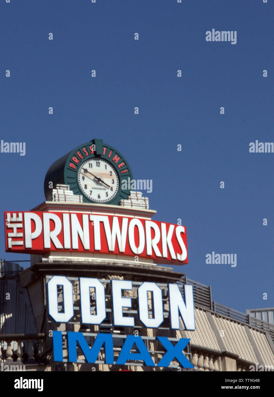 Printworks sign and clock on the roof of the Printworks entertainment ...