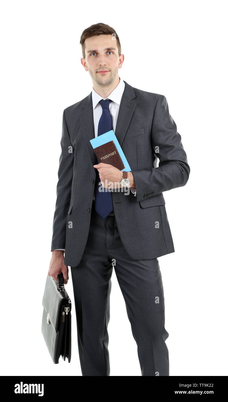 Man holding suitcase isolated on white Stock Photo - Alamy