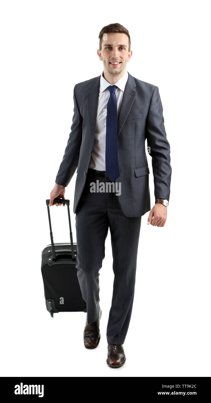 Man holding suitcase isolated on white Stock Photo - Alamy