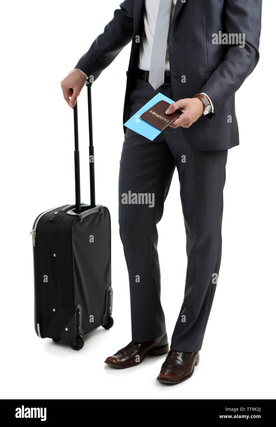 Man holding suitcase isolated on white Stock Photo - Alamy
