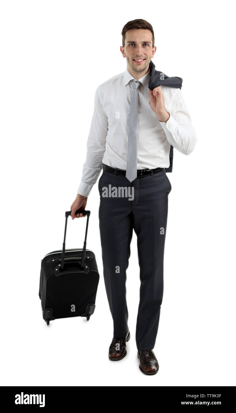 Man holding suitcase isolated on white Stock Photo - Alamy