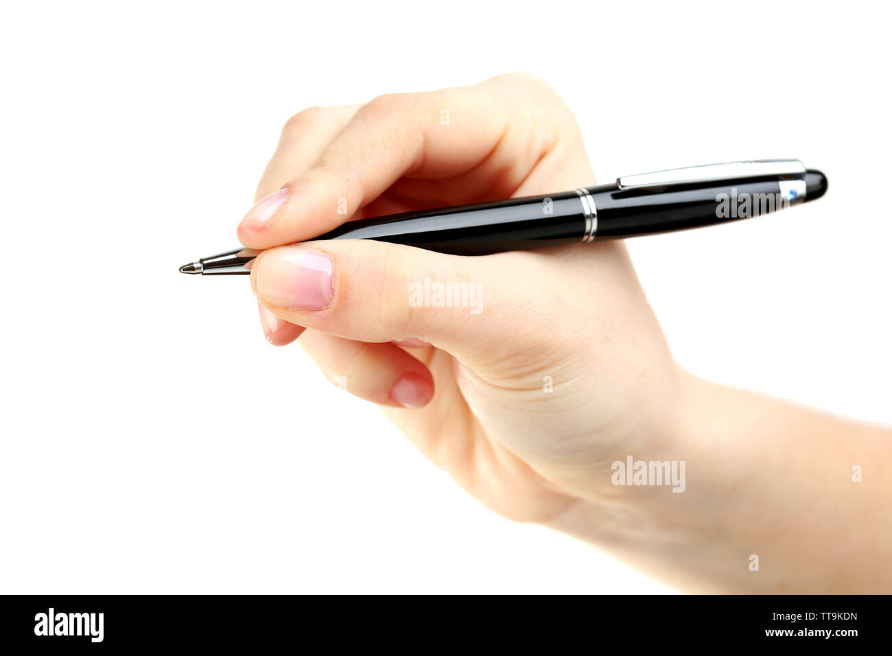 Female hand with pen isolated on white Stock Photo - Alamy