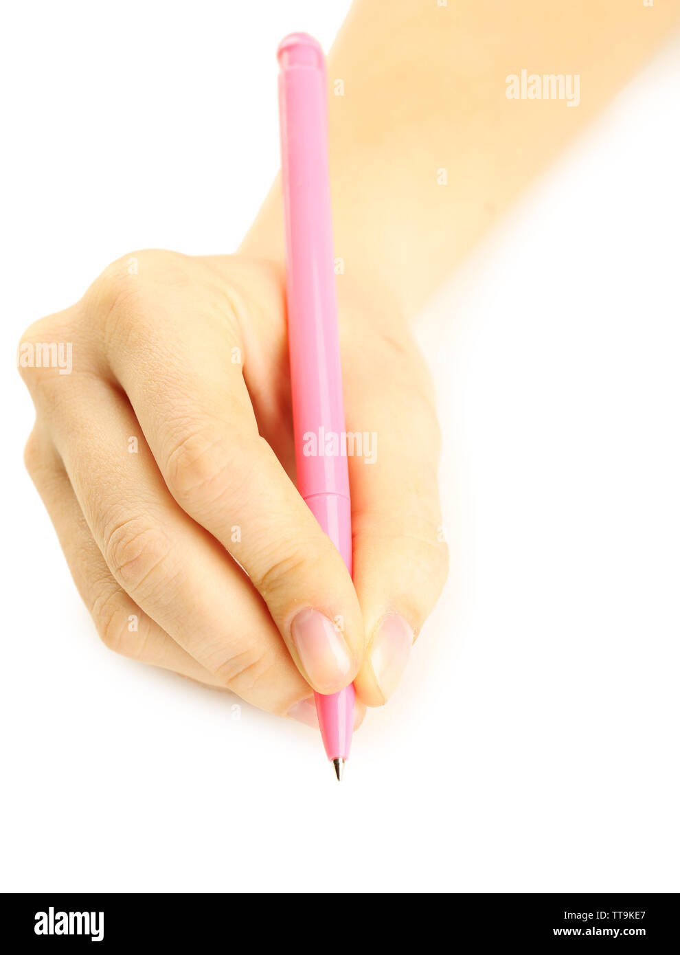 Female hand with pen isolated on white Stock Photo - Alamy