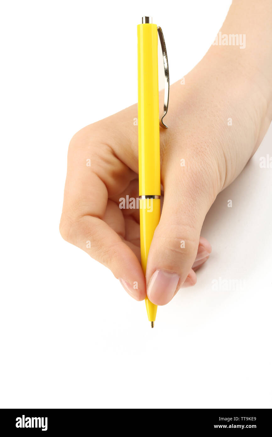 Female hand with pen isolated on white Stock Photo - Alamy