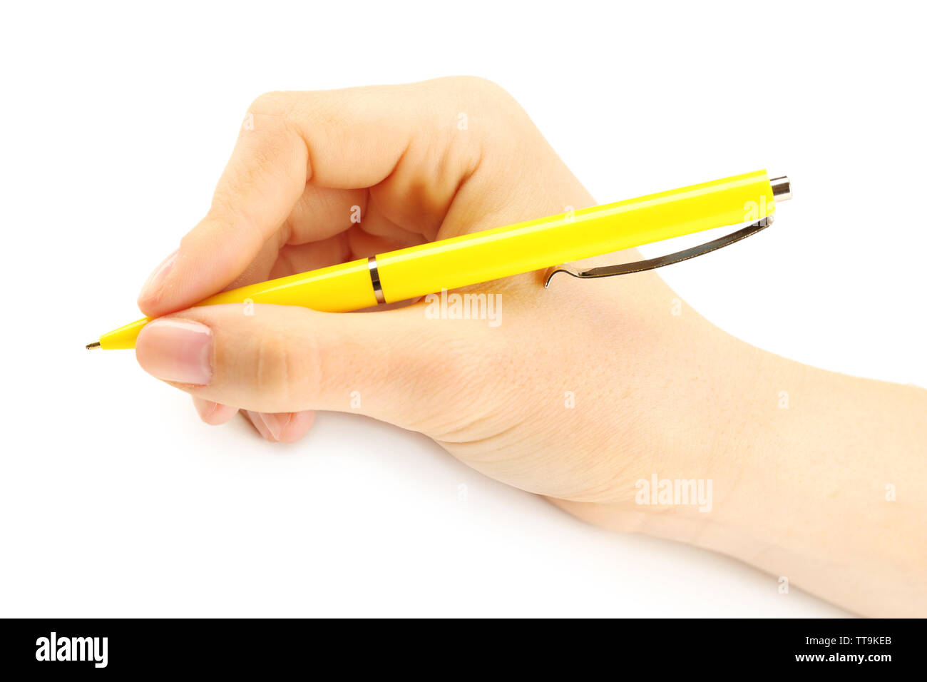 Female hand with pen isolated on white Stock Photo - Alamy