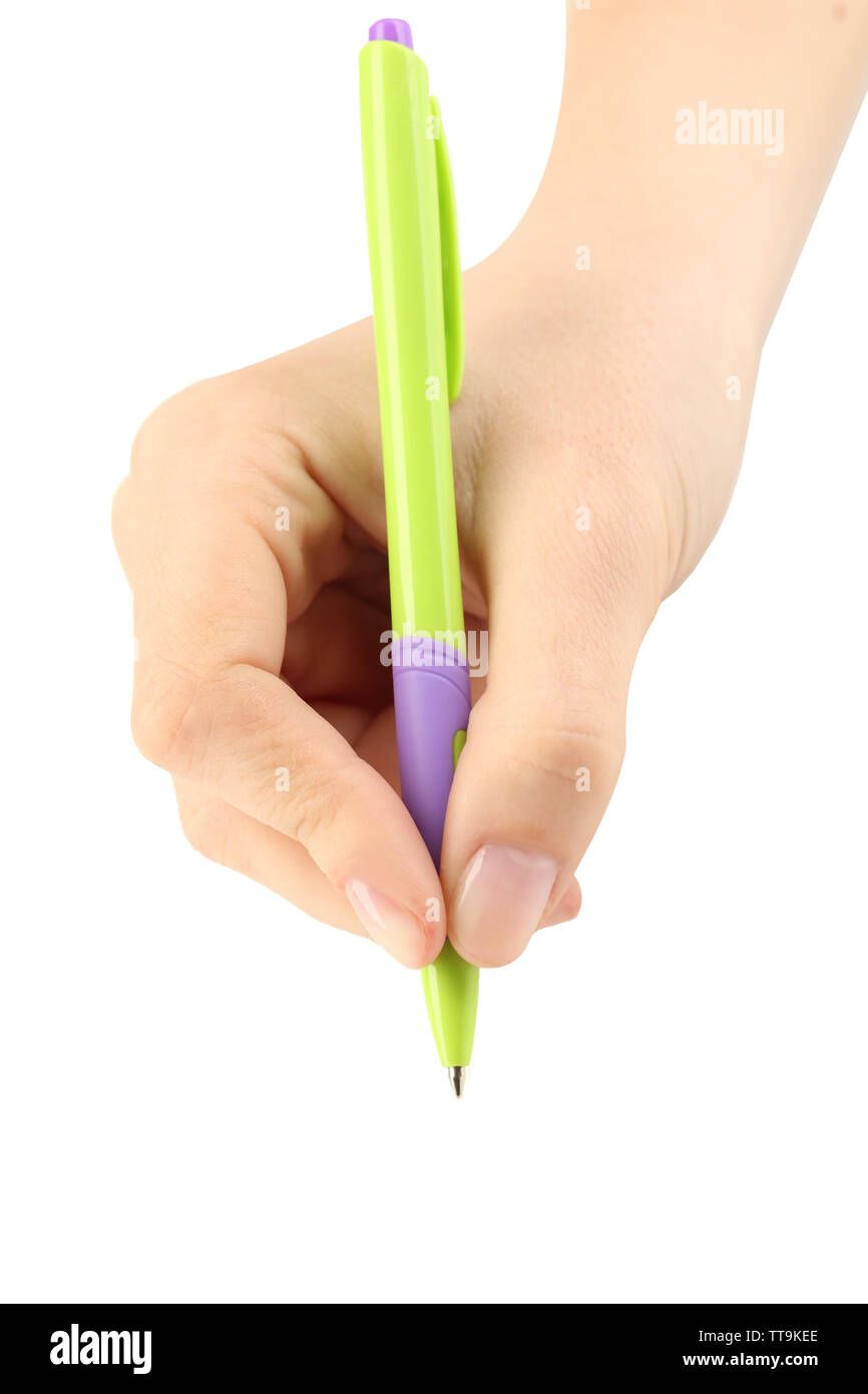 Female hand with pen isolated on white Stock Photo - Alamy