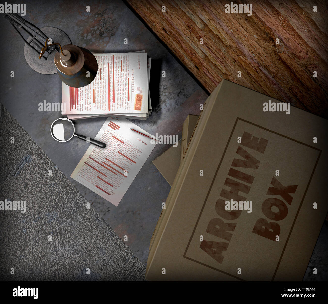 Basement table with box and top secret file. Table lamp, magnifying ...