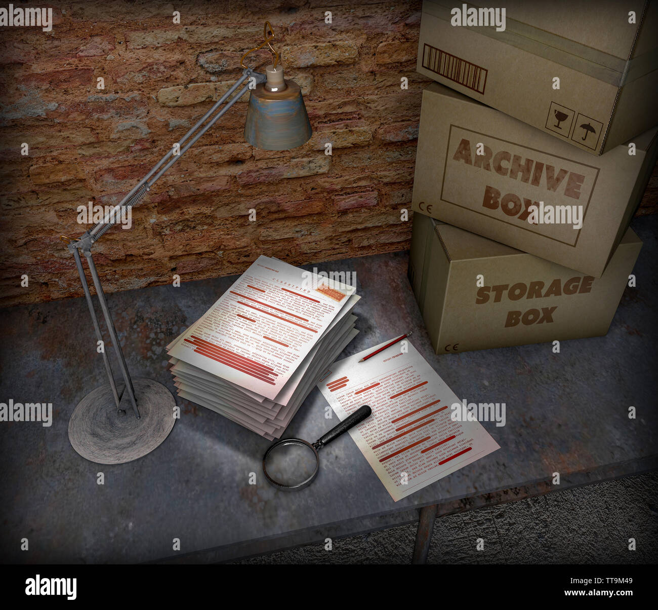 Basement table with box and top secret file. Table lamp, magnifying ...