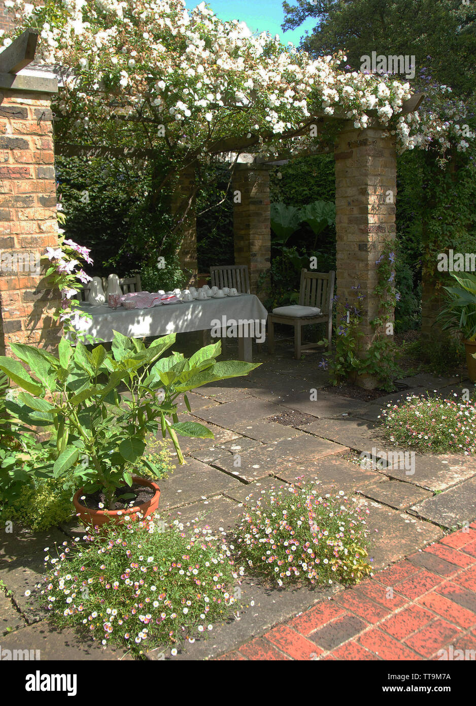 Brick columns white pergola shade hi-res stock photography and images ...