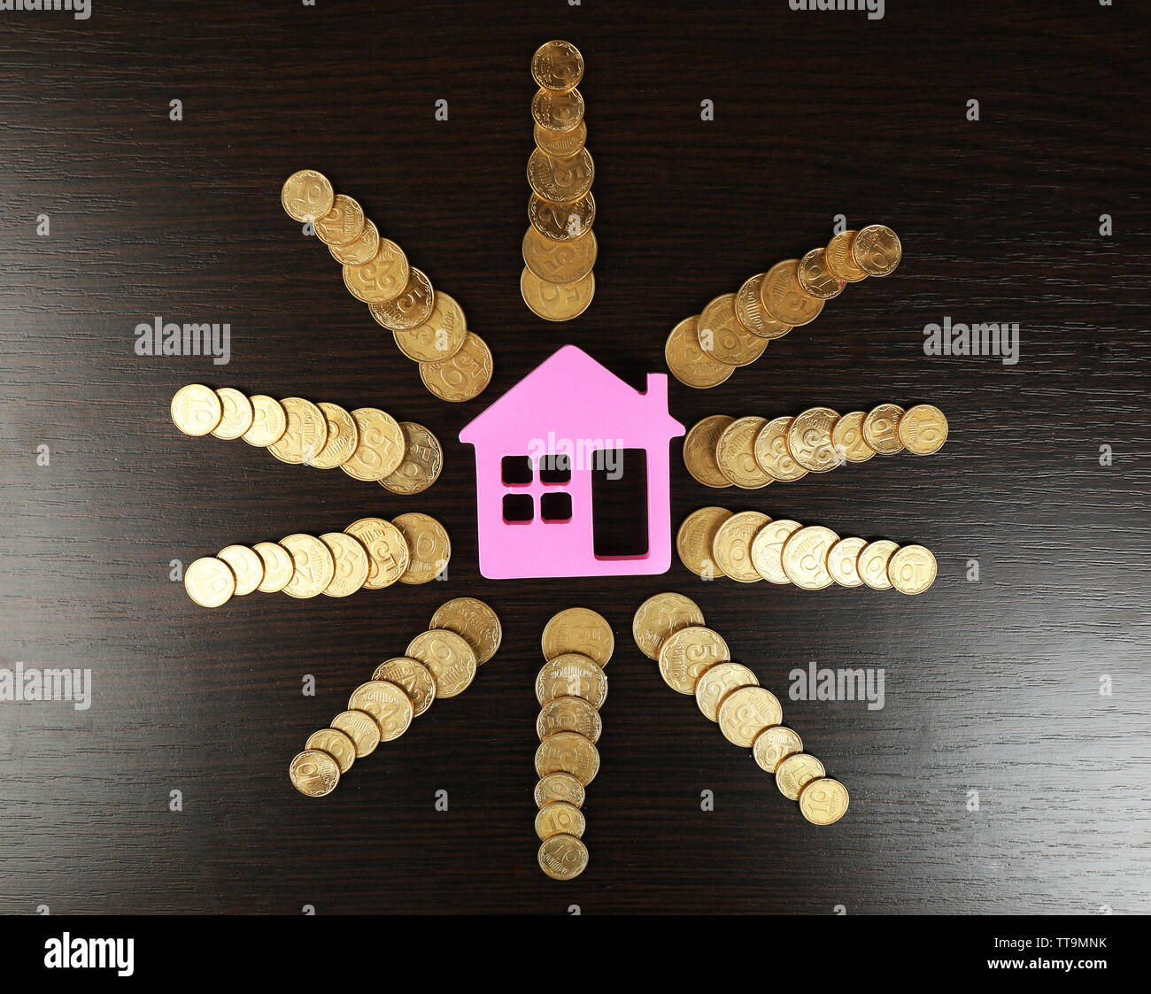 Model of house with coins on wooden table, closeup Stock Photo - Alamy