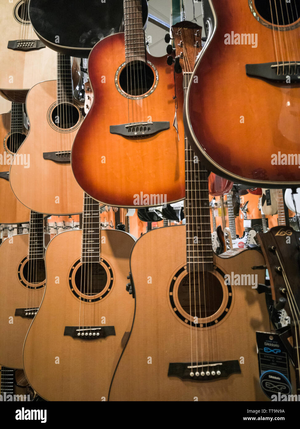 metal string acoustic guitars hanging on the walls of music store ready ...