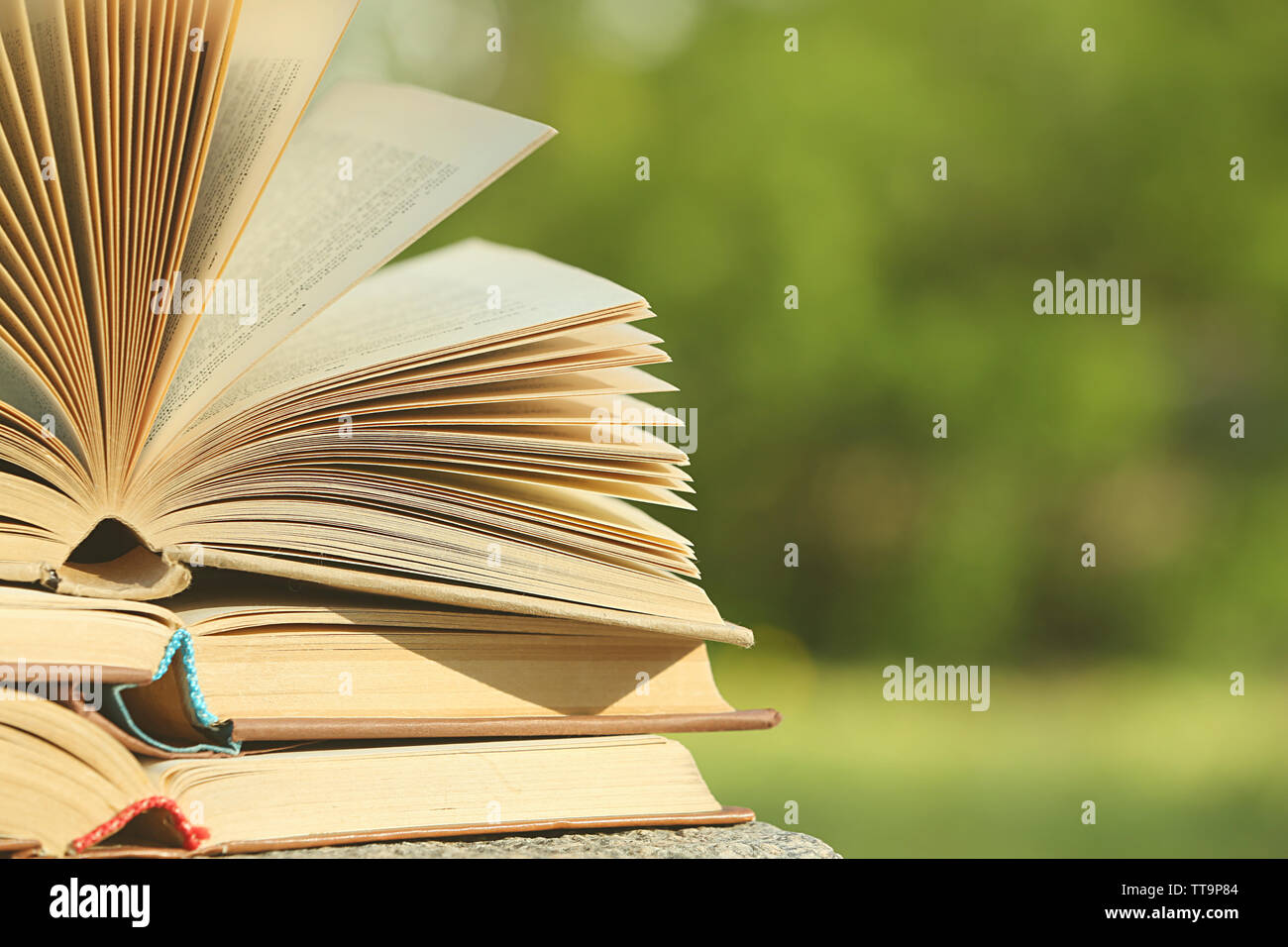 Stack of books outdoors, on blurred background Stock Photo - Alamy