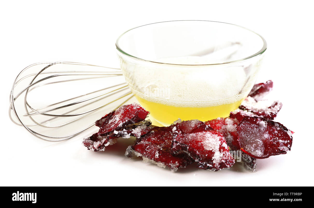 Candied sugared roses petals and egg whites, isolated on white Stock ...