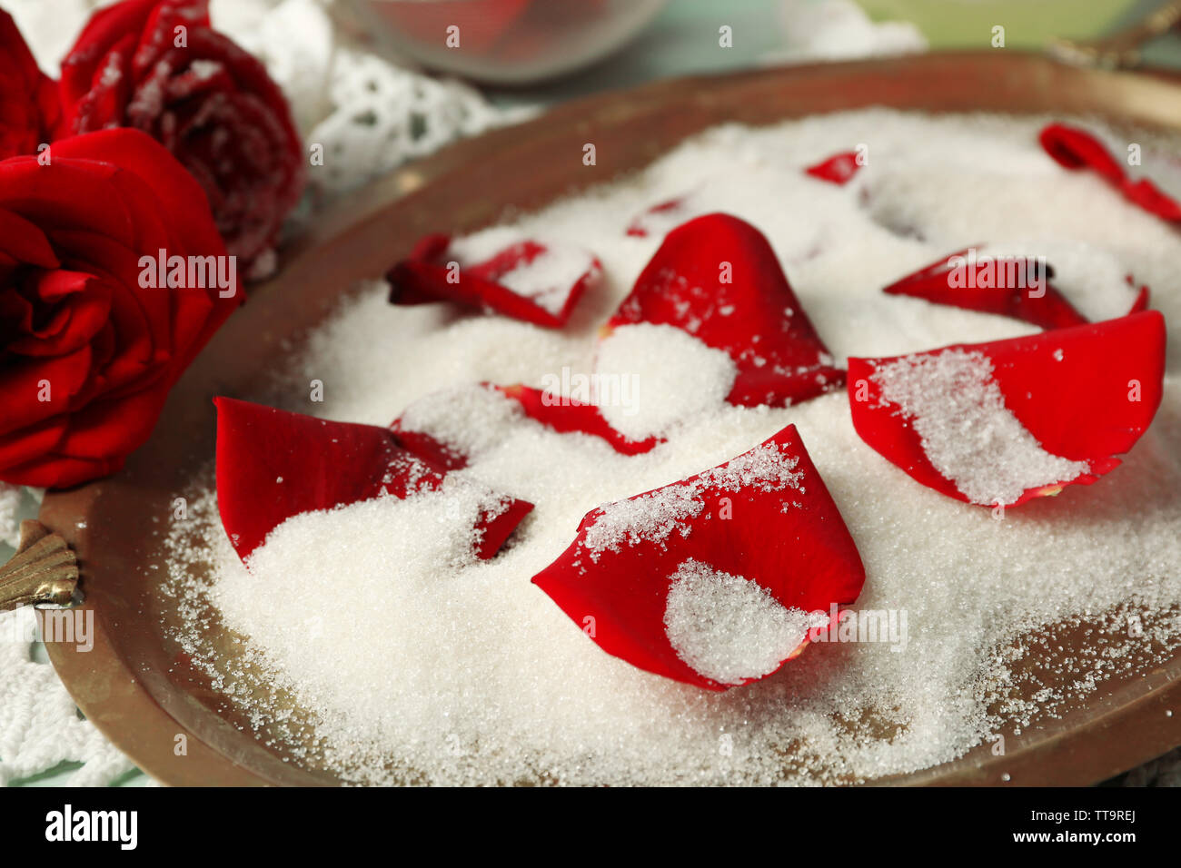 Candied sugared roses petals on tray, close-up Stock Photo - Alamy